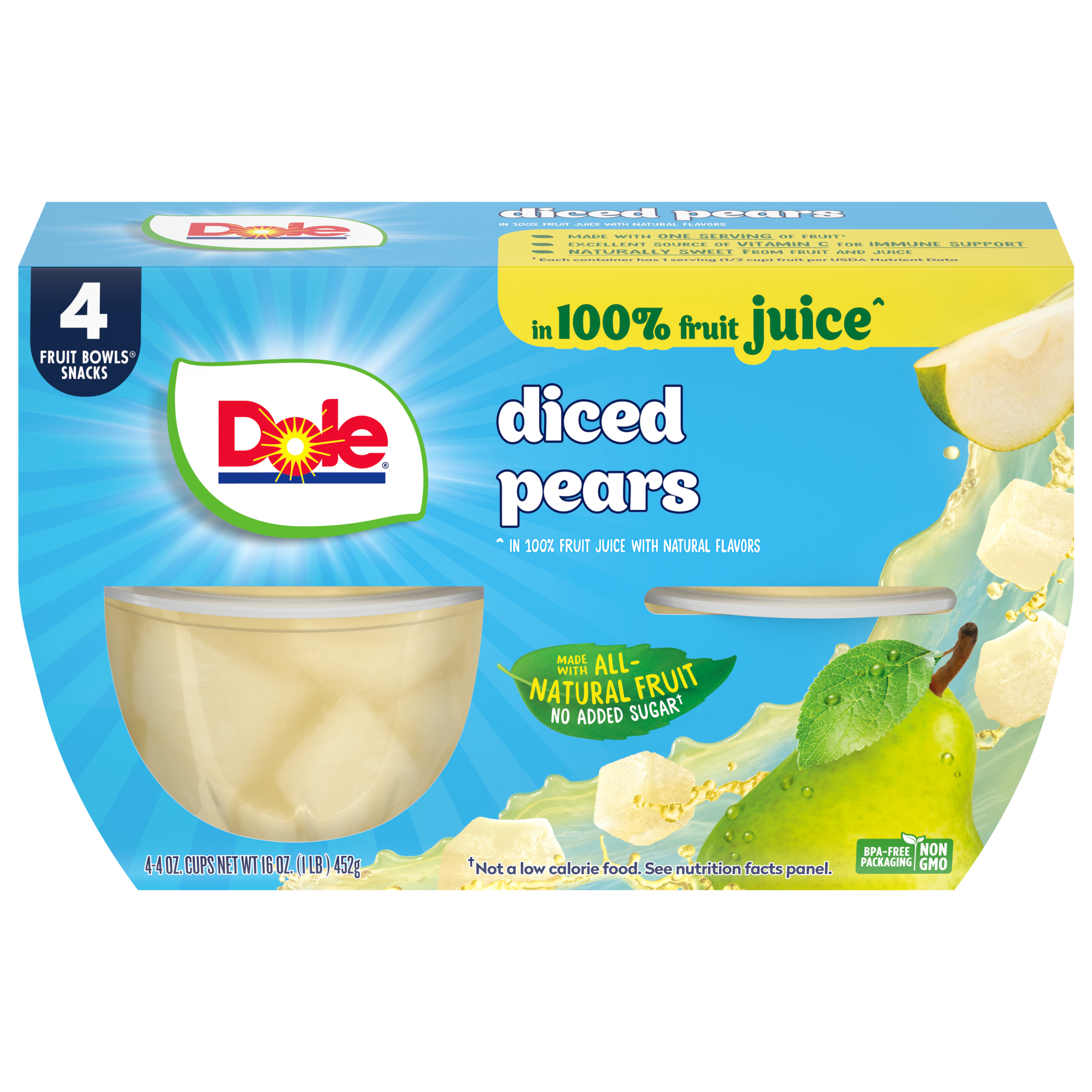Dole® Diced Pears in 100% Juice Fruit Bowls®, 4 Count - Dole® Sunshine