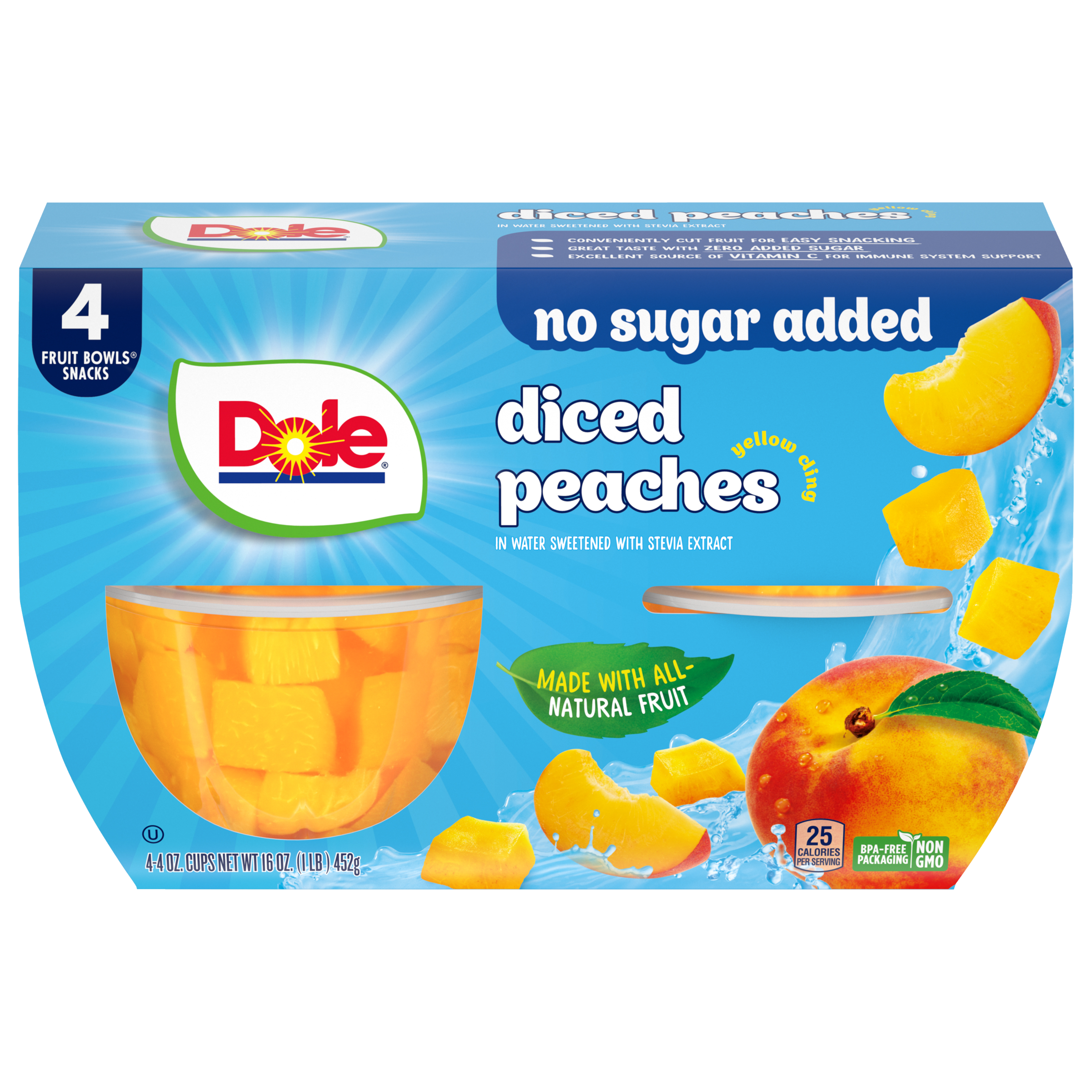 Dole® Diced Peaches with No Sugar Added Fruit Bowls®, 4 Count - Dole ...